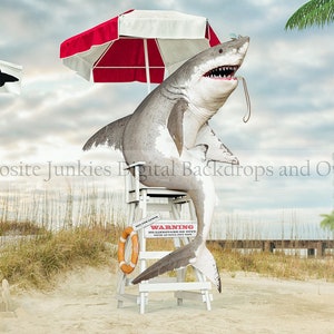 Great White Shark Lifeguard at Beach Digital Backdrop for Composites ...