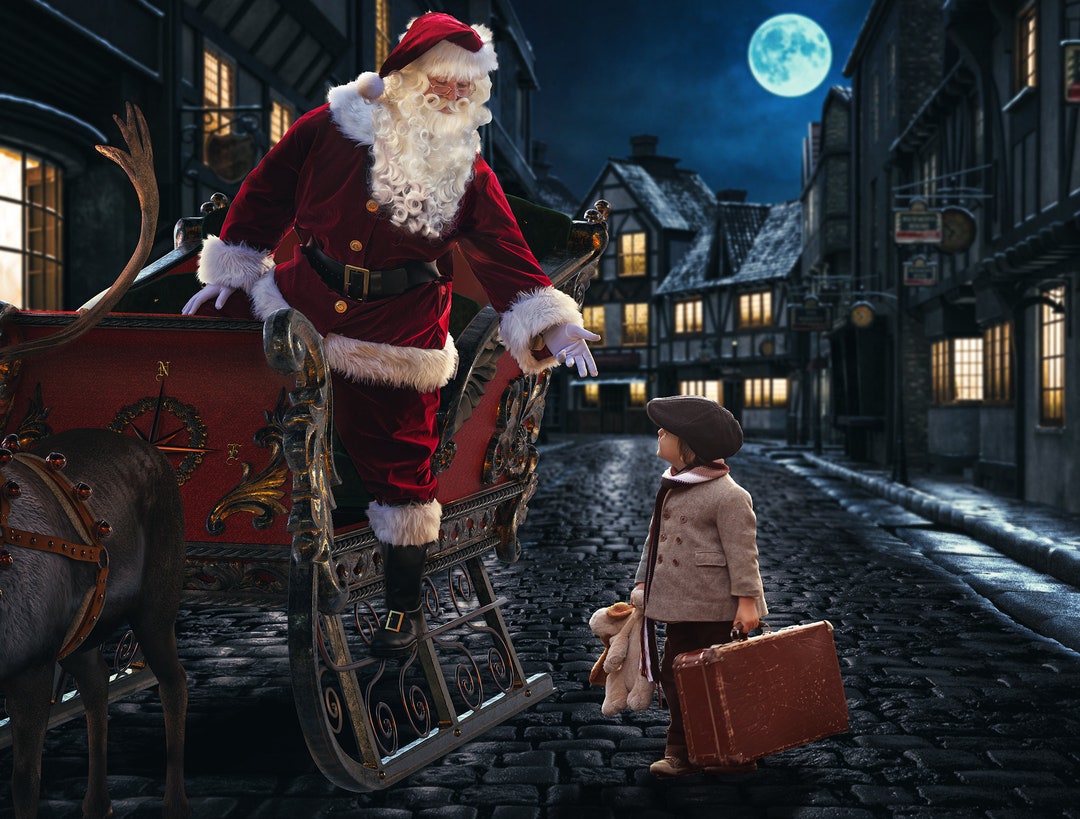 Christmas Digital Backdrop Background With Santa Claus and Sleigh for ...