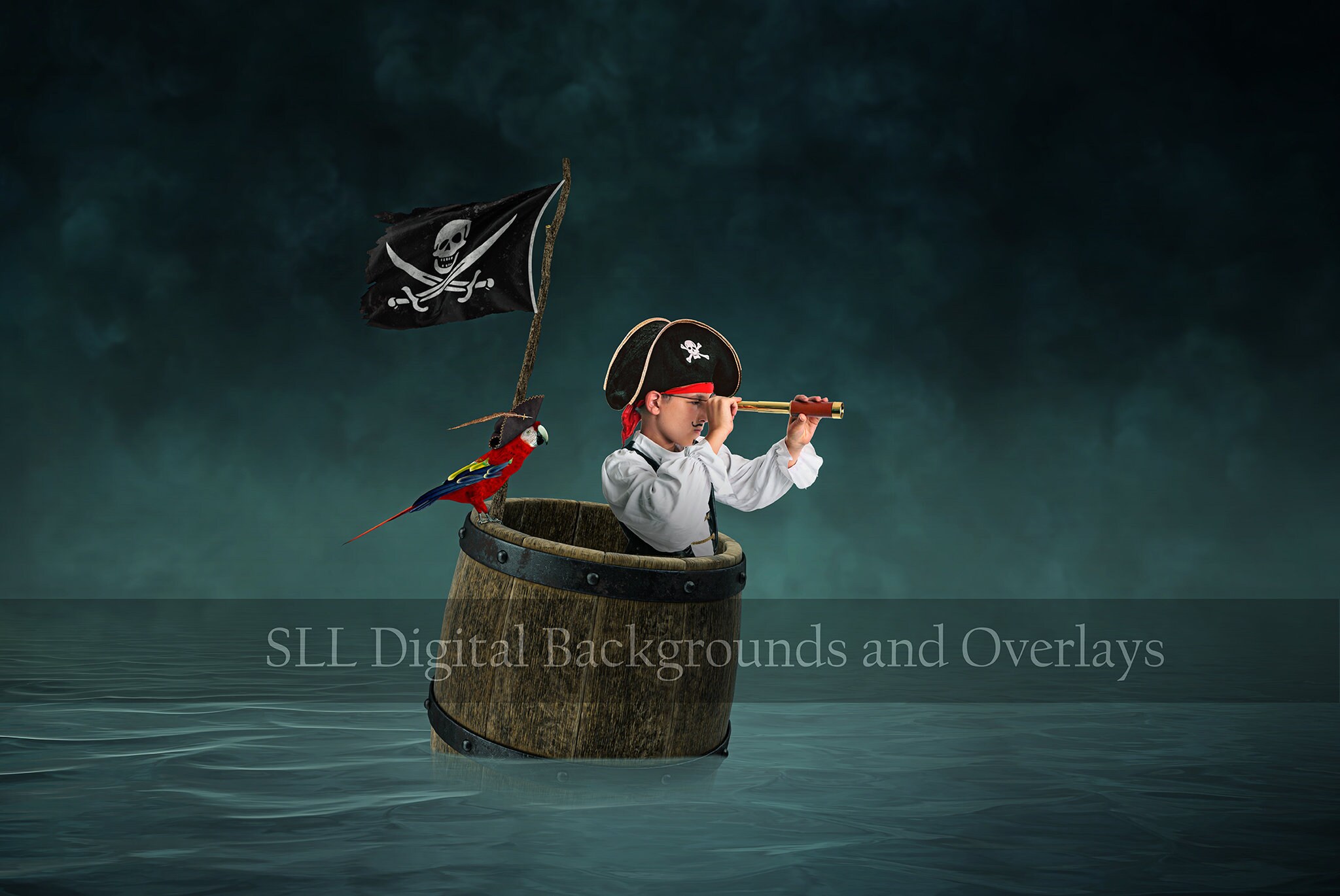 Pirate Digital Backdrop - Barrel Floating in Water Digital Background ...
