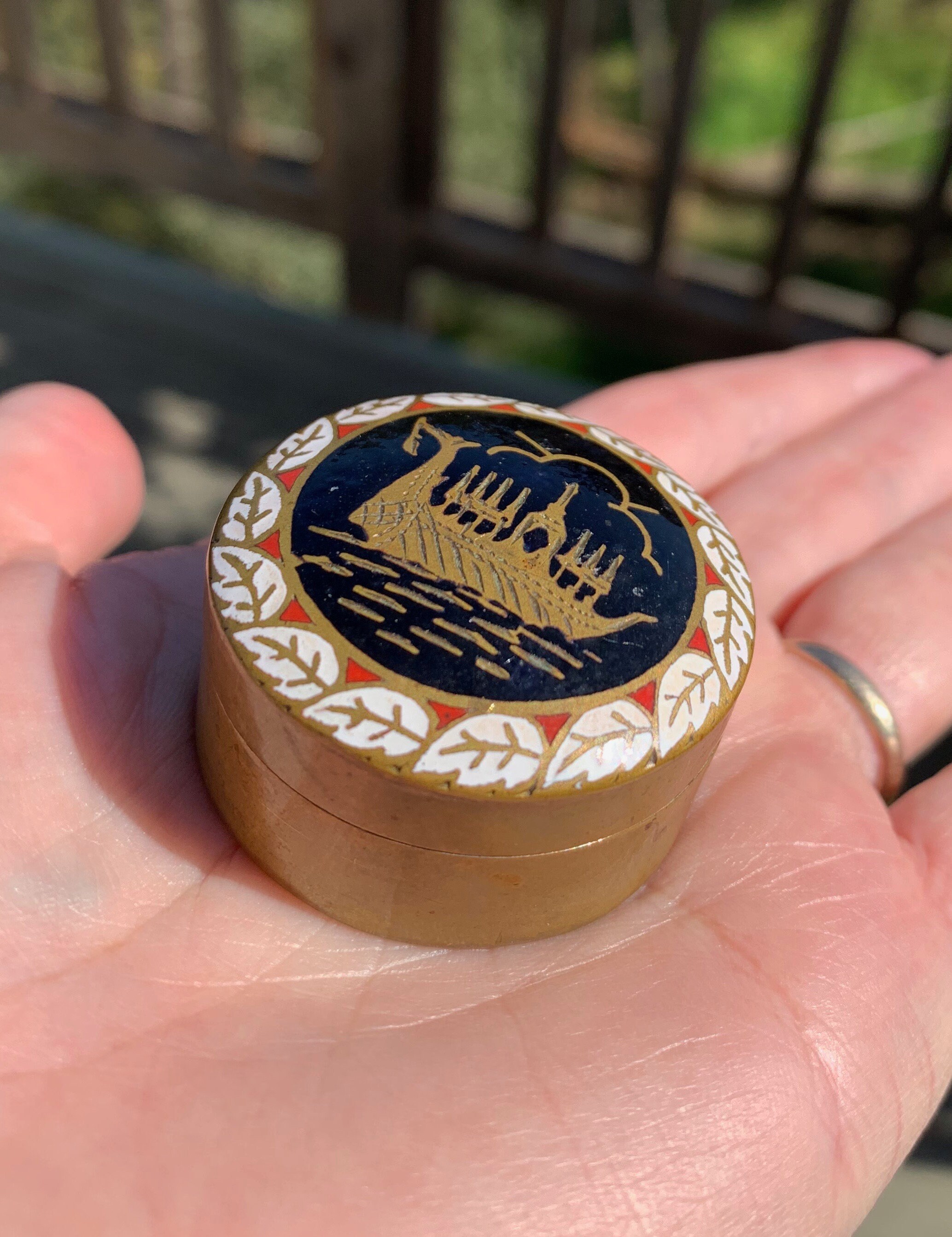 Vintage Brass Enamel Box Snuff Box Pill Box Viking Ship Enamel Box ...
