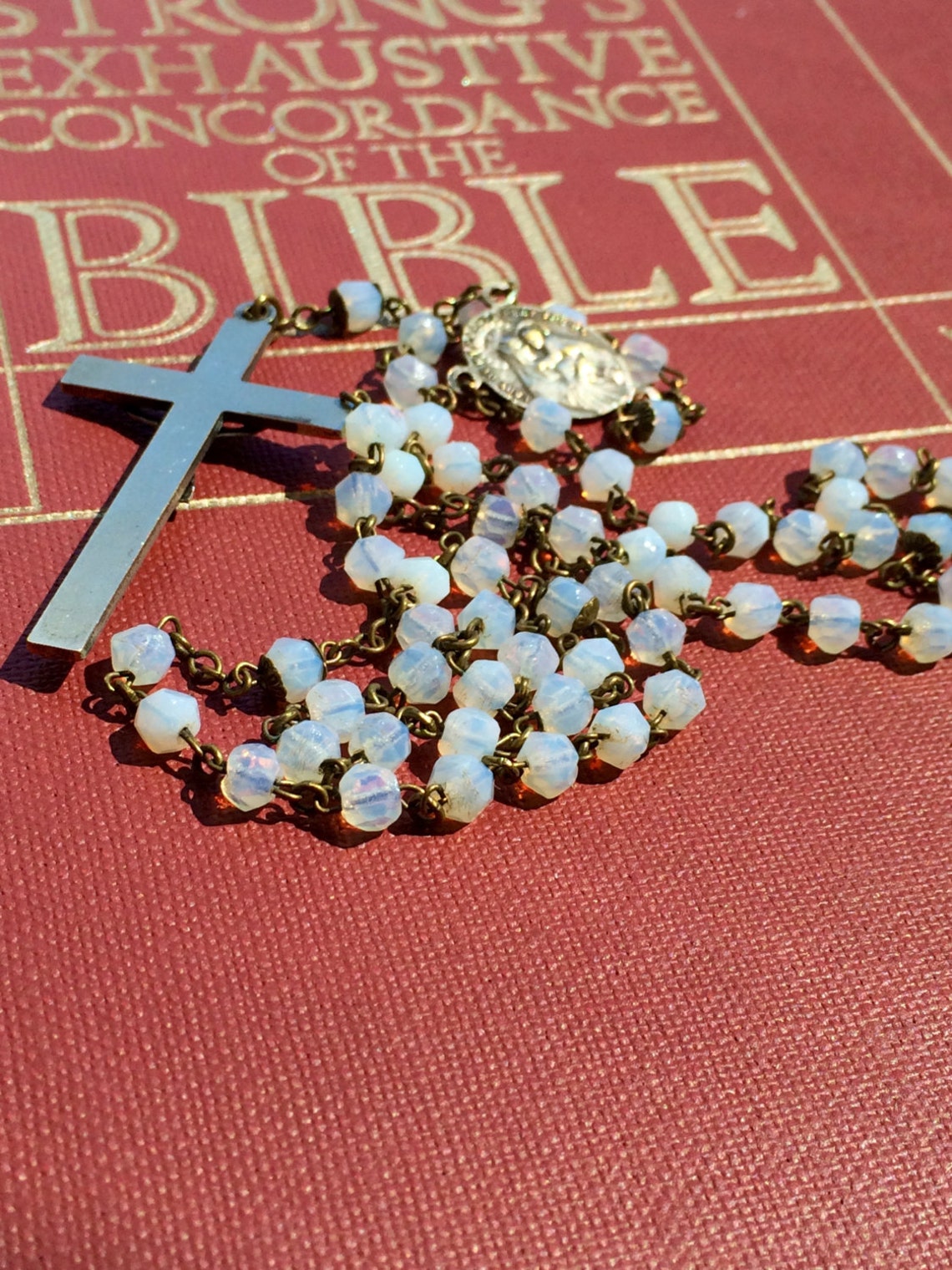 Opalescent Glass Rosary Vintage Original Faceted Beads Brass Chain ...