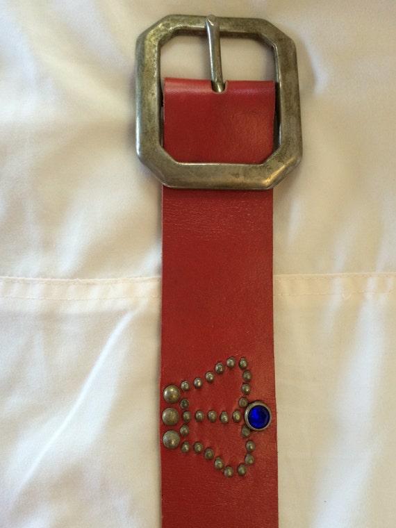 Rhinestone Red Belt / Leather Queen Belt / Wide Brass… - Gem