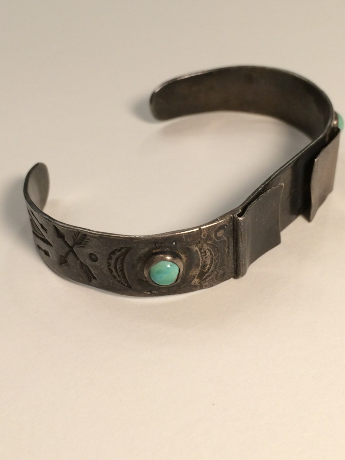 Navajo Watch Band Cuff Sterling Silver Old Pawn Green Turquoise Stamped ...