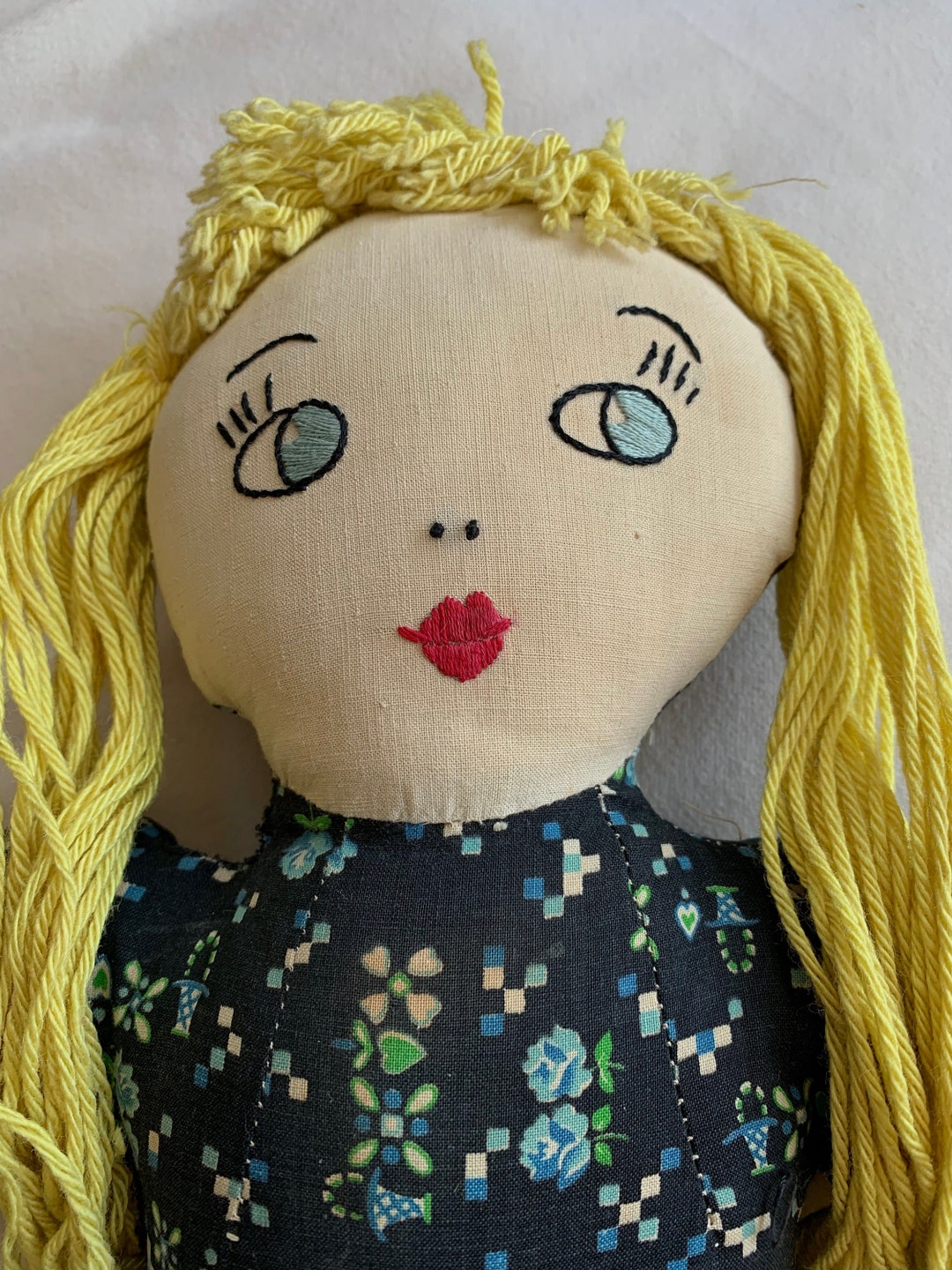 Vintage Rag Doll Large Embroidered Soft Cloth Doll Handmade 1940s ...