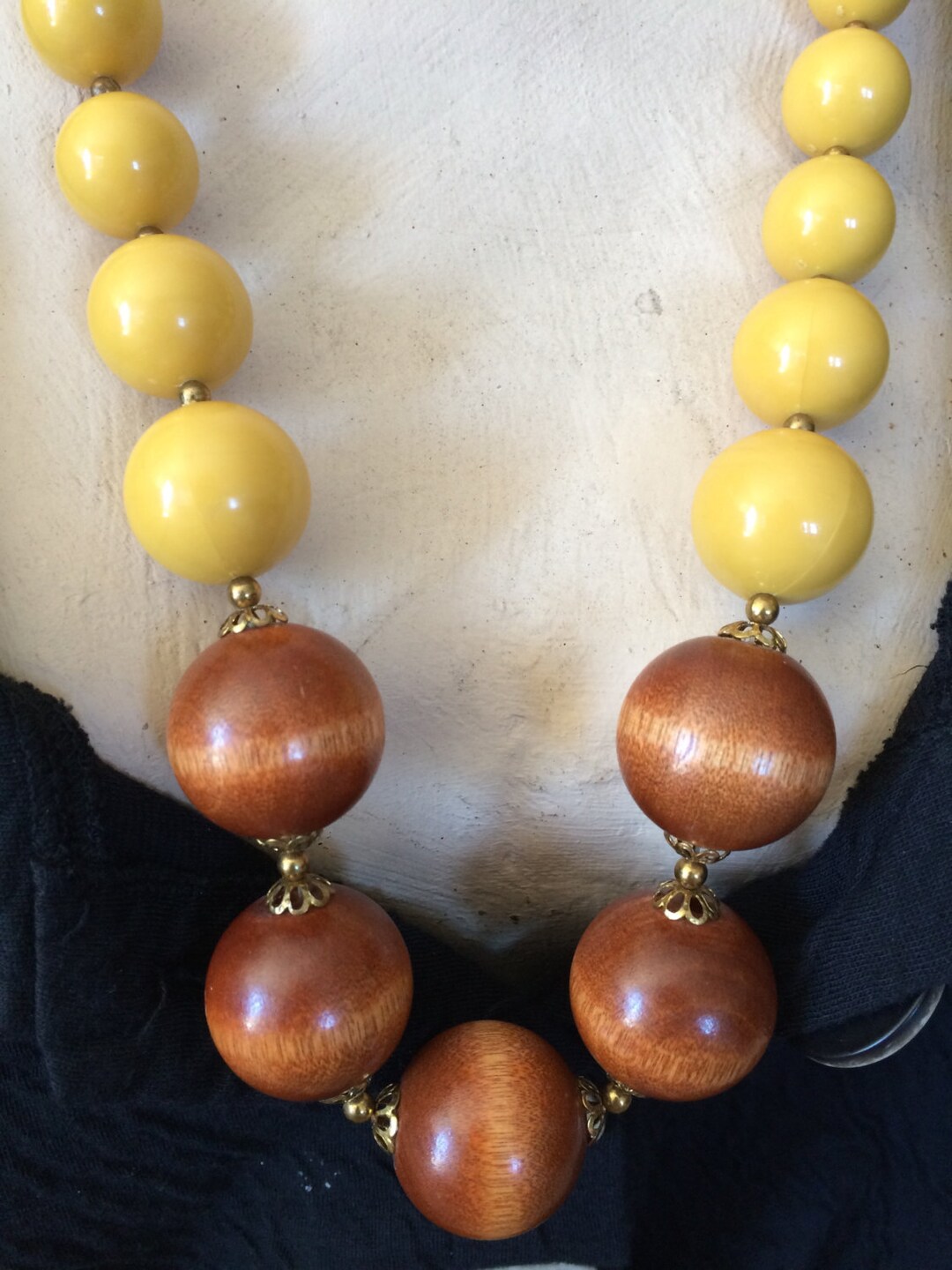 Chunky Lucite Necklace Vintage Yellow Lucite Wood Bead Necklace Large ...