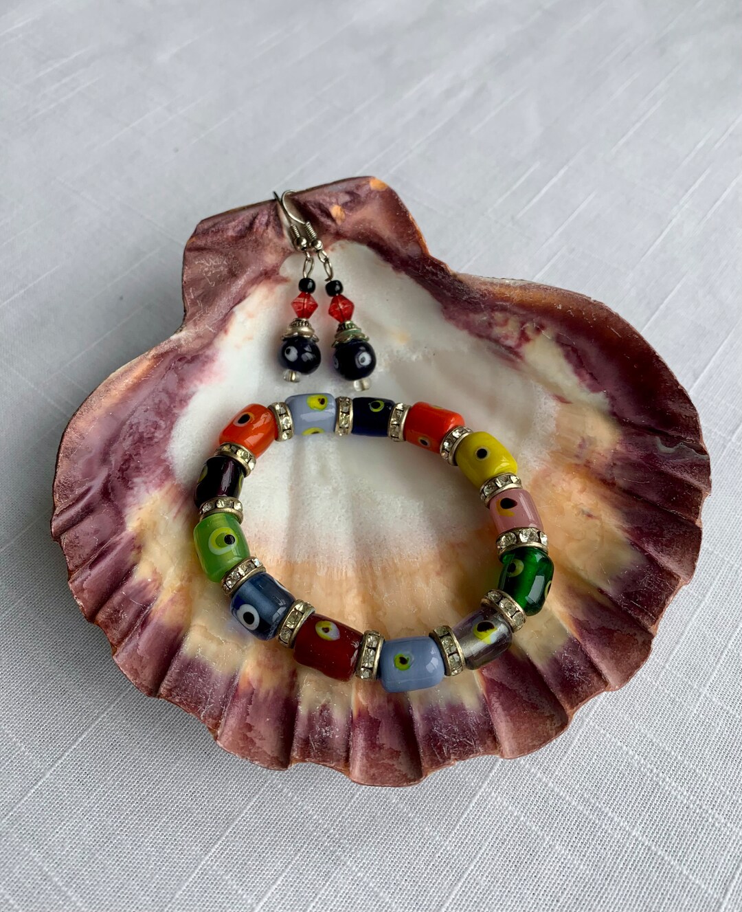 Glass Evil Eye Set / Vintage Evil Eye Dangle Earrings and Stretch ...