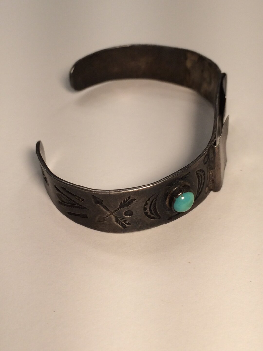 Navajo Watch Band Cuff Sterling Silver Old Pawn Green Turquoise Stamped ...
