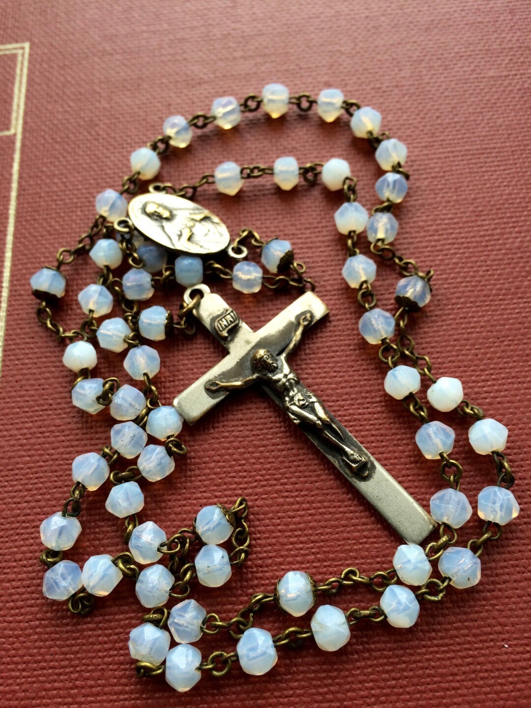 Opalescent Glass Rosary Vintage Original Faceted Beads Brass Chain ...