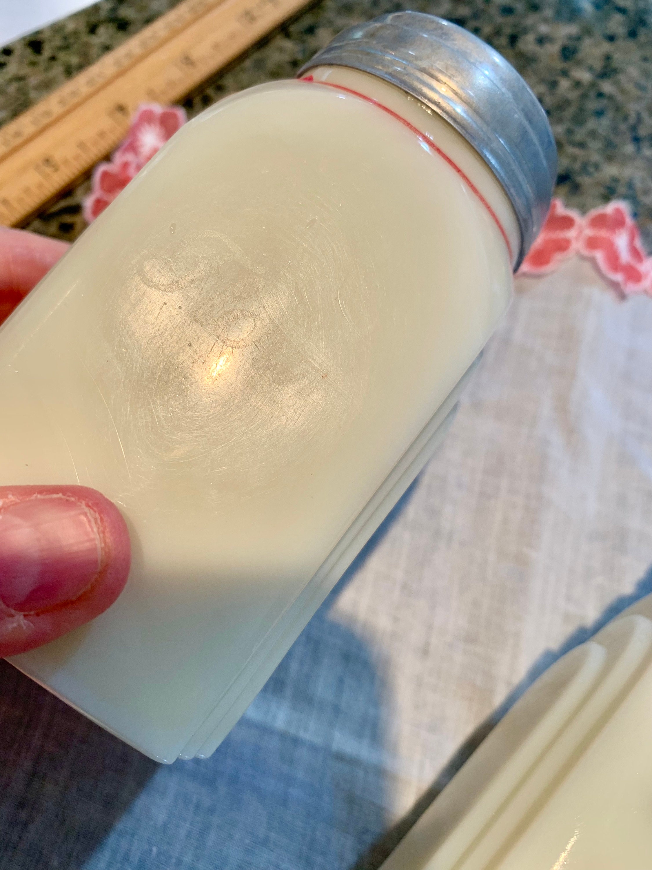 Mckee Custard Glass Romans Archers Set Sugar and Flour Shakers Script ...