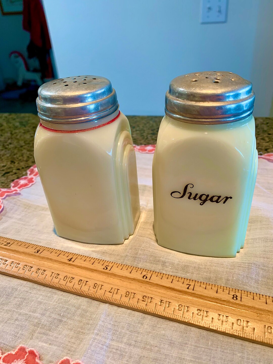 Mckee Custard Glass Romans Archers Set Sugar and Flour Shakers Script ...