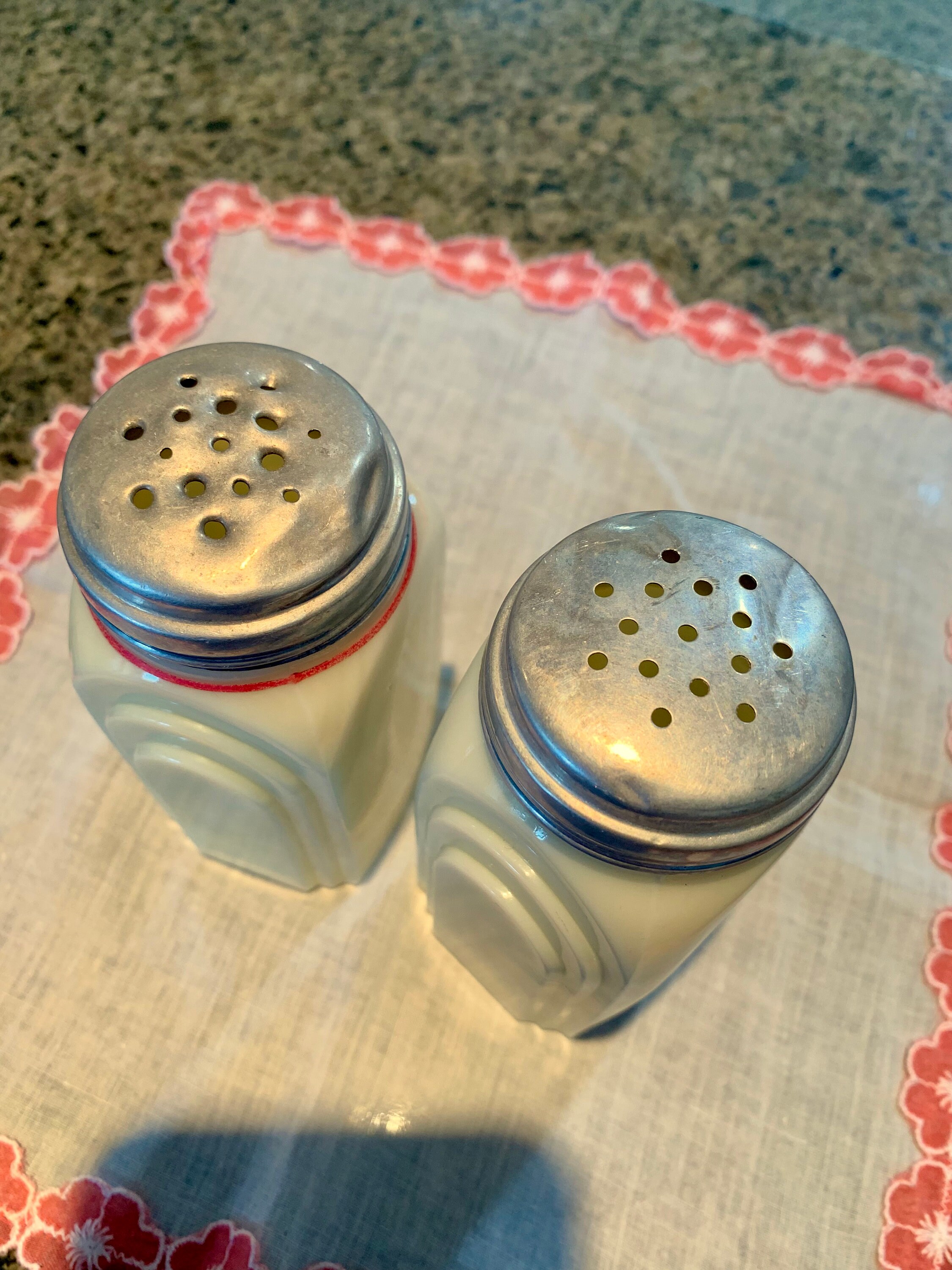 Mckee Custard Glass Romans Archers Set Sugar and Flour Shakers Script ...