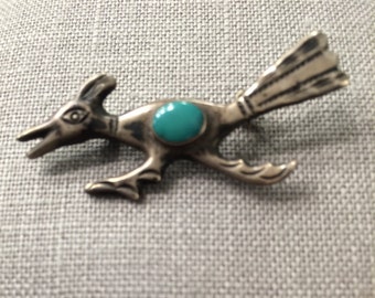 Silver & Turquoise Road Runner Brooch Lapel Pin Vintage - Etsy