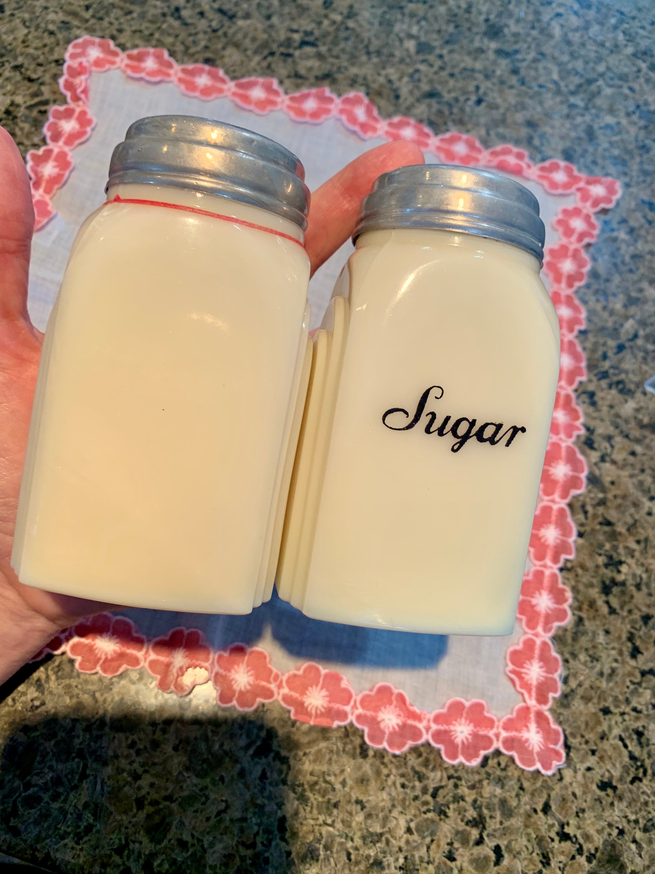 Mckee Custard Glass Romans Archers Set Sugar and Flour Shakers Script ...