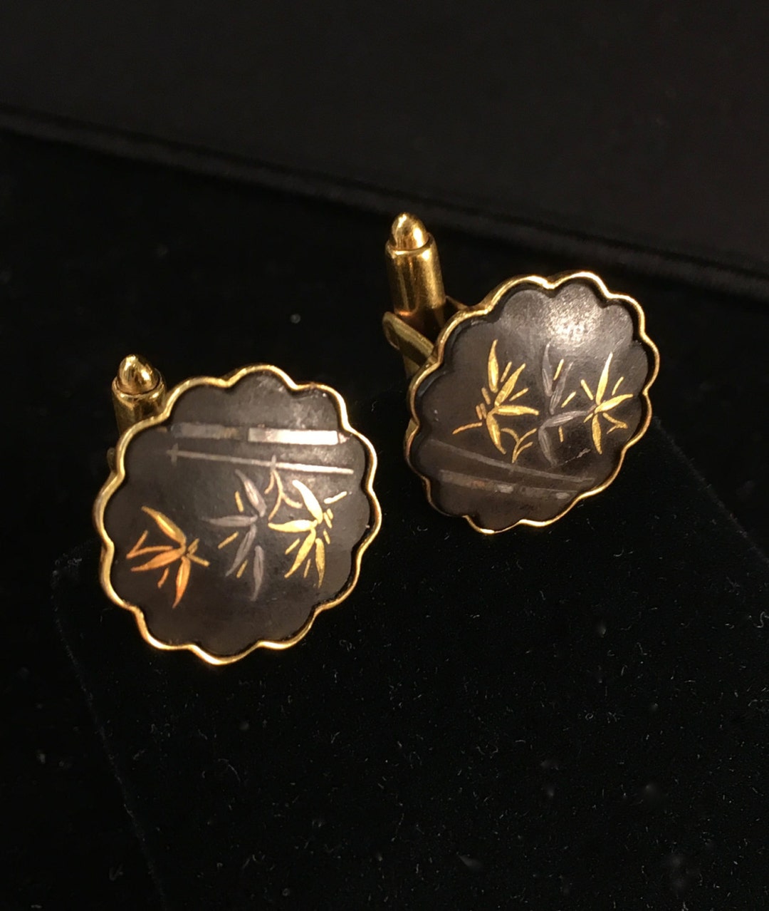 Amita Damascene Cuff Links Bamboo Vintage Japan 1940's 3 Tone Gold ...