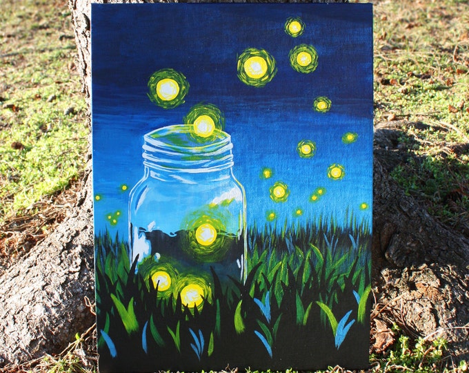 Whimsical Firefly Mason Jar Acrylic Painting on Canvas 12" X 16" FREE ...