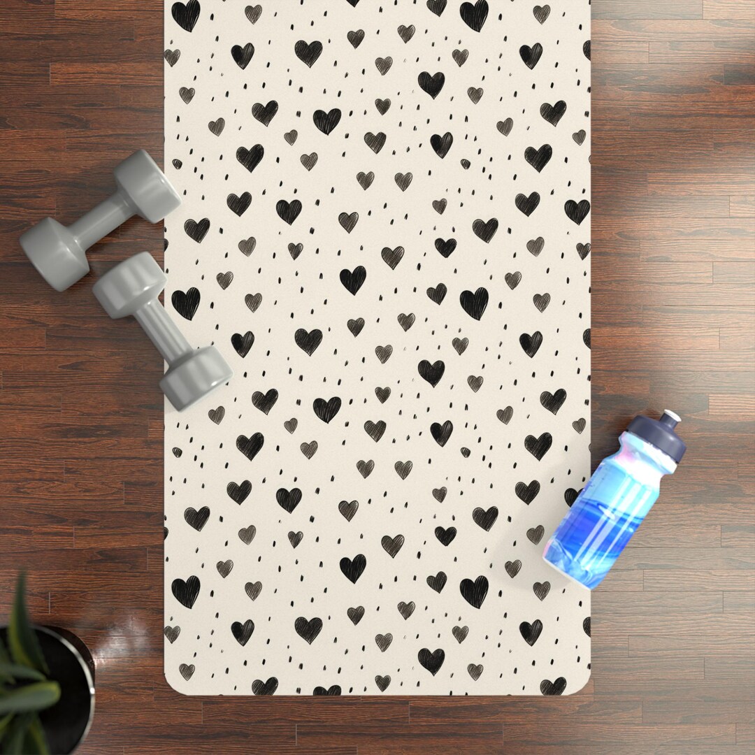 Rubber Yoga Mat - Ivory With Black Hearts, Modern and Trendy, Suede Top ...