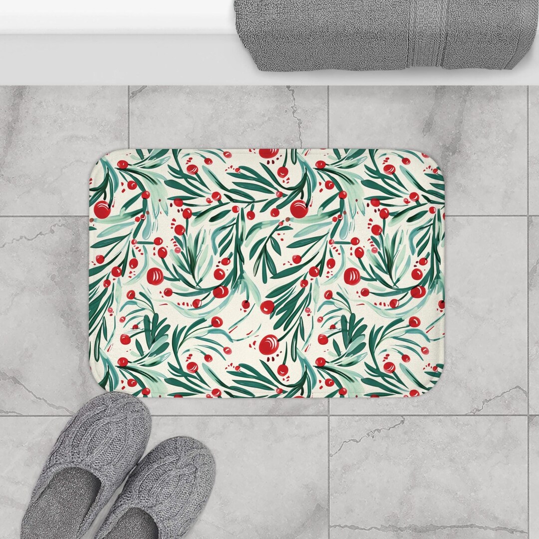 Christmas Holly Bath Mat - Festive Holiday Bathroom Decor, Winter ...