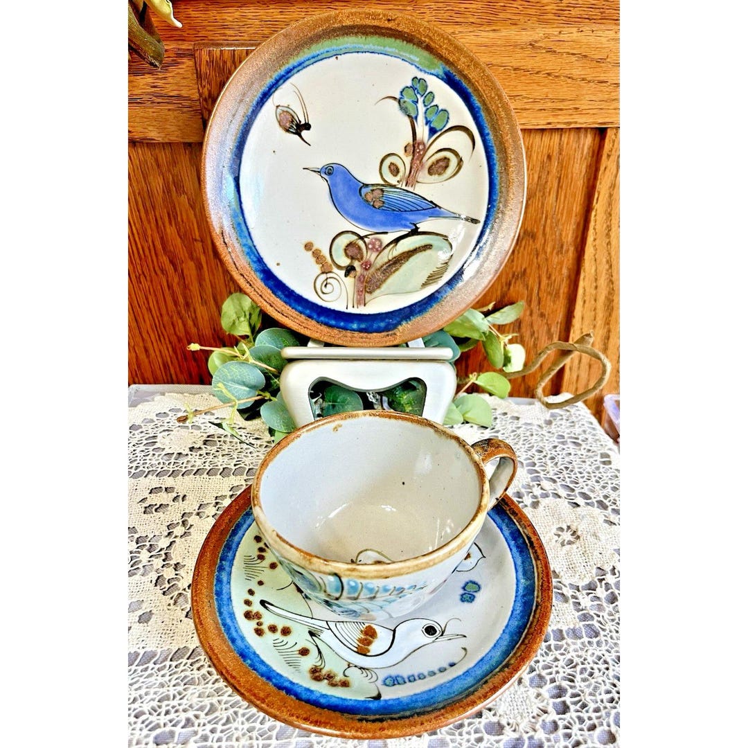 Ken Edwards Signed Tonala Blue Bird Plate 8" Plus Cup and Saucer Set/3 ...