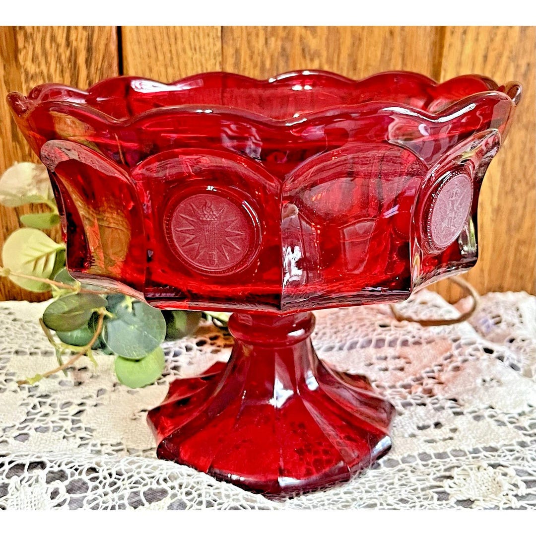 Vintage Fostoria Ruby Red Glass Coin Dot Round Pedestal Compote Bowl 8. ...