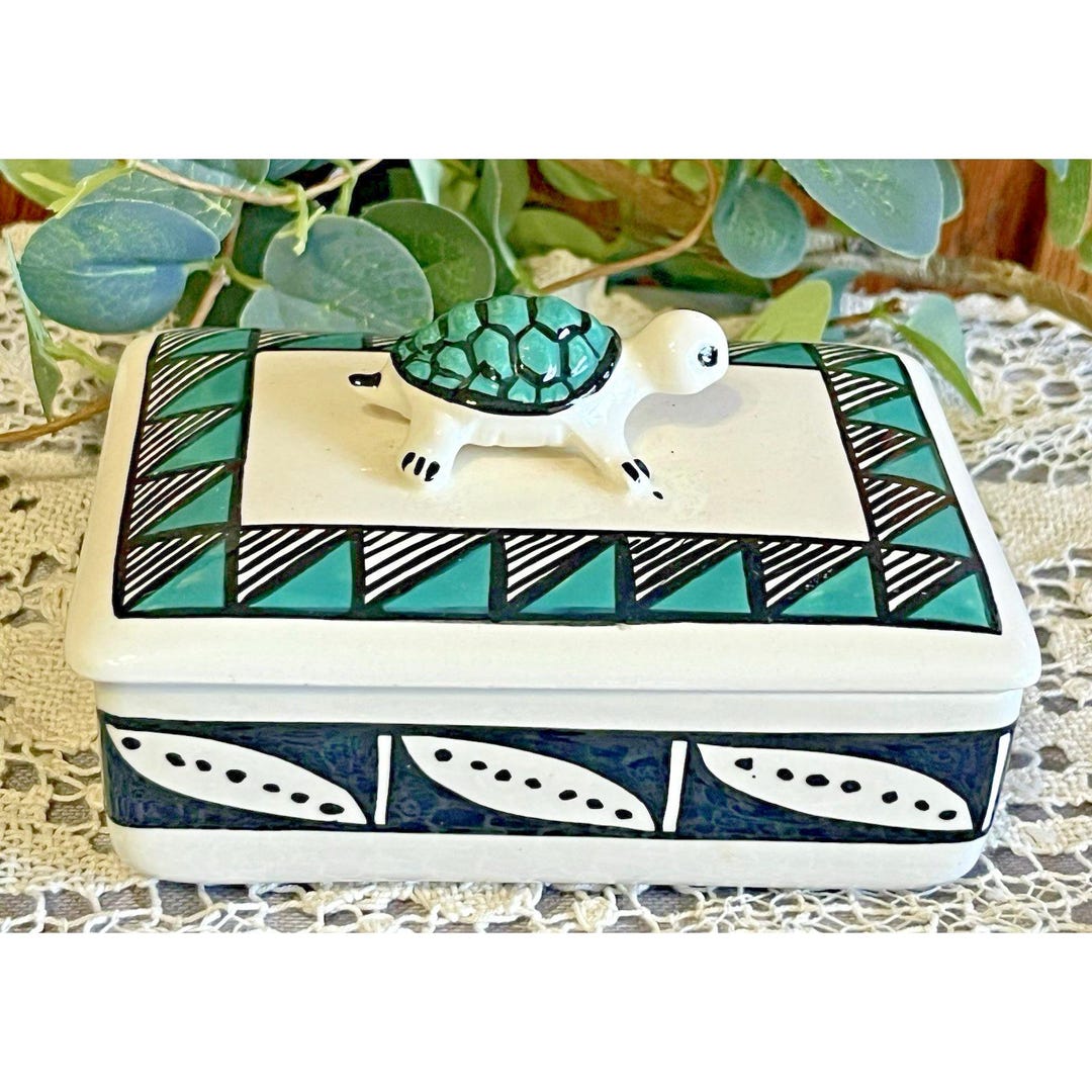 VTG Mexican Folk Art Pottery Turtle Trinket Box Hand Painted Turtle on ...