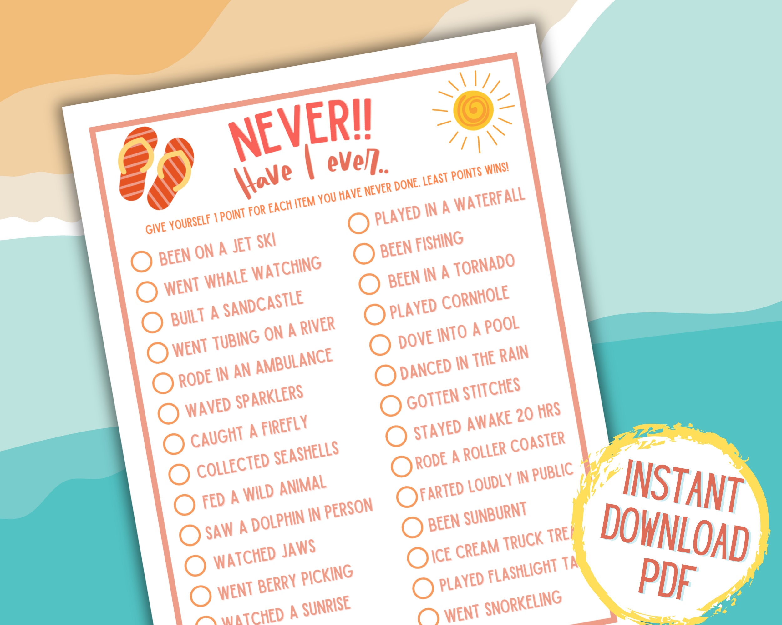 Summer Never Have I Ever Game | Printable Summer Never Have I Ever ...