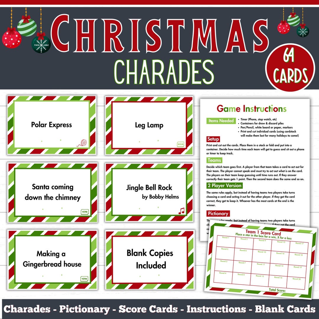 Christmas Charades | 64 Christmas Charade Cards | Christmas Charades ...