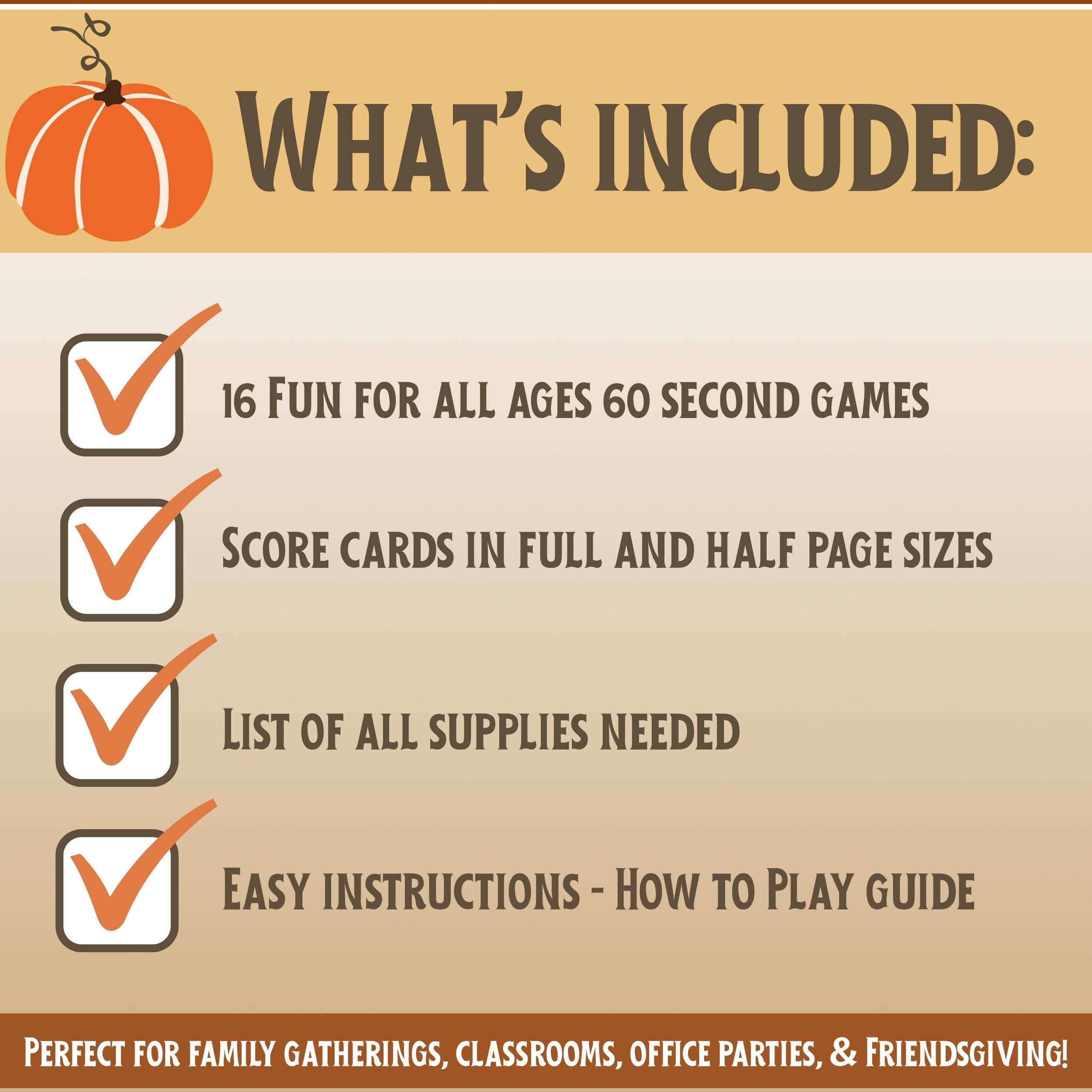 Thanksgiving Party Games, Minute to Win It Games, 60 Second Games, 16 ...