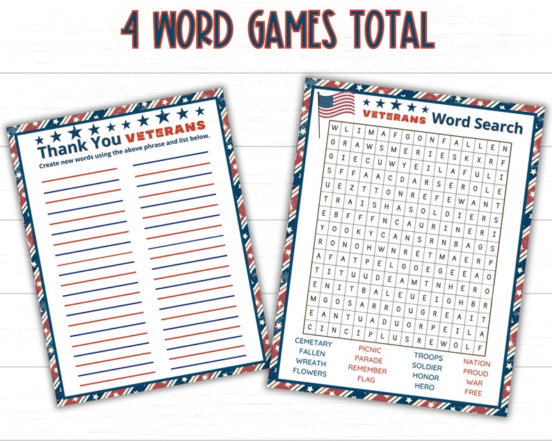 Veterans Day Word Games | Printable Veterans Day | Military | Instant ...