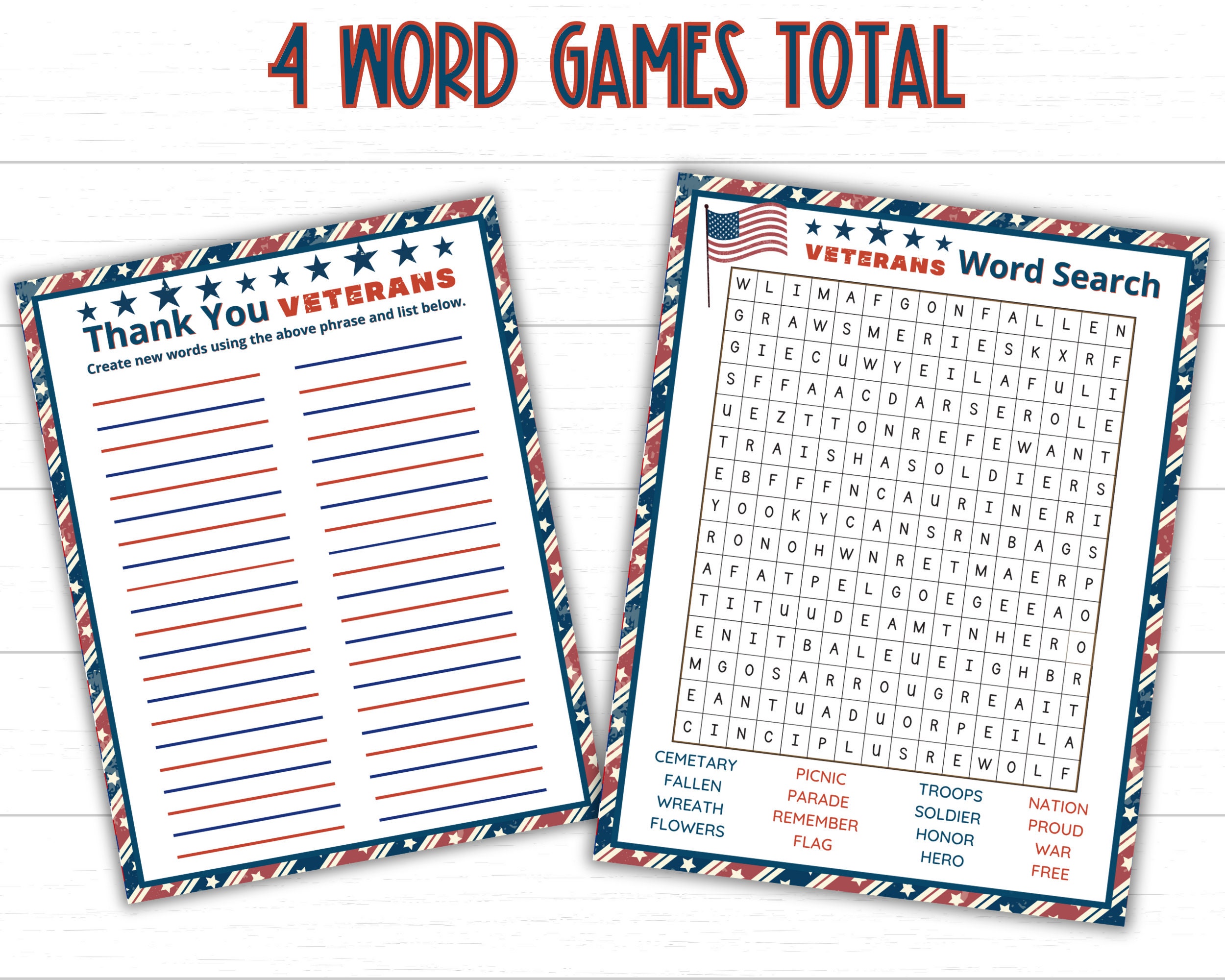 Veterans Day Word Games | Printable Veterans Day | Military | Instant ...
