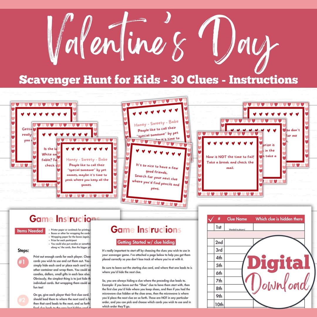 Valentines Scavenger Hunt for Kids | Valentines Treasure Hunt ...