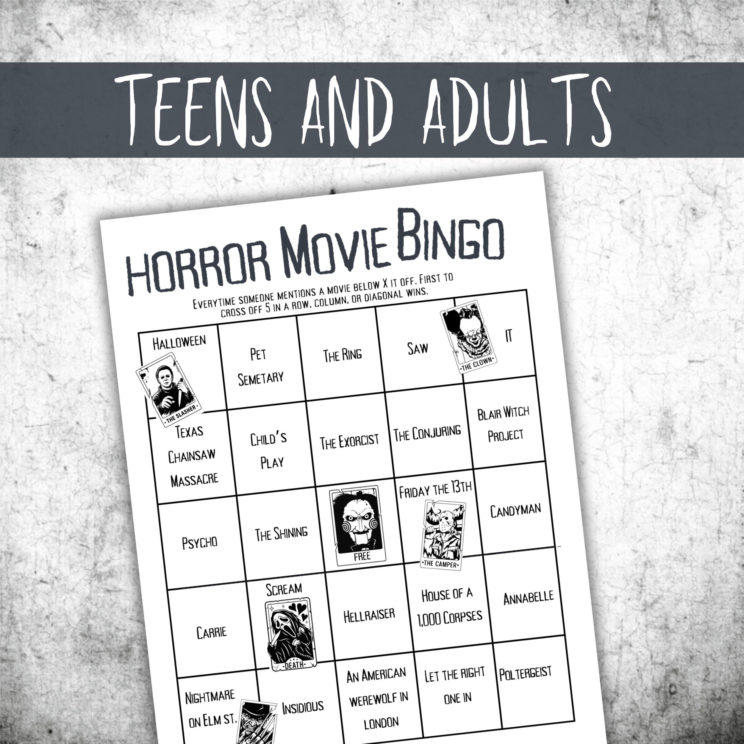 Horror Movie Bingo, Printable Halloween Bingo Game, Friday the 13th ...