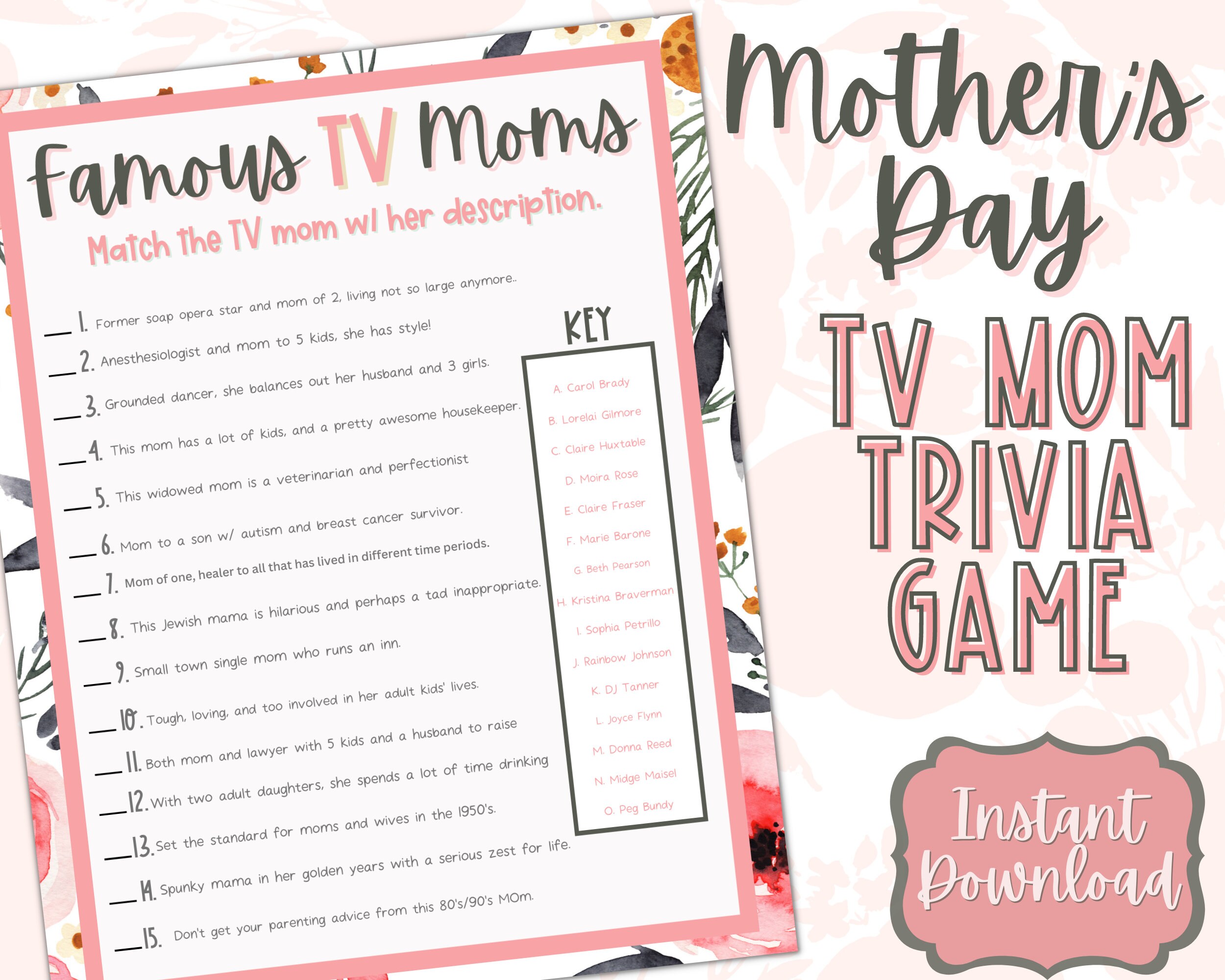 Mother's Day Famous TV Mom Game | Printable Mother's Day Game | Mother ...