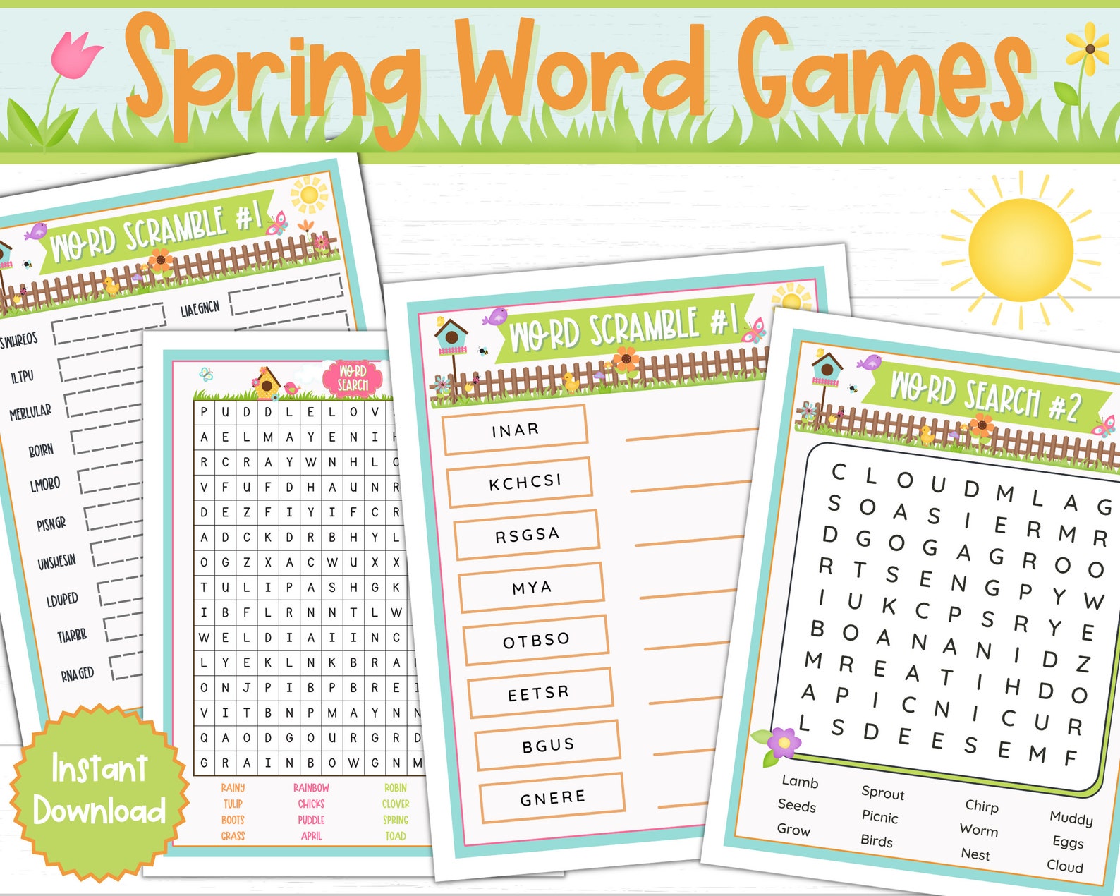 Spring Word Game Set for Kids | Printable Word Games | Spring Word ...