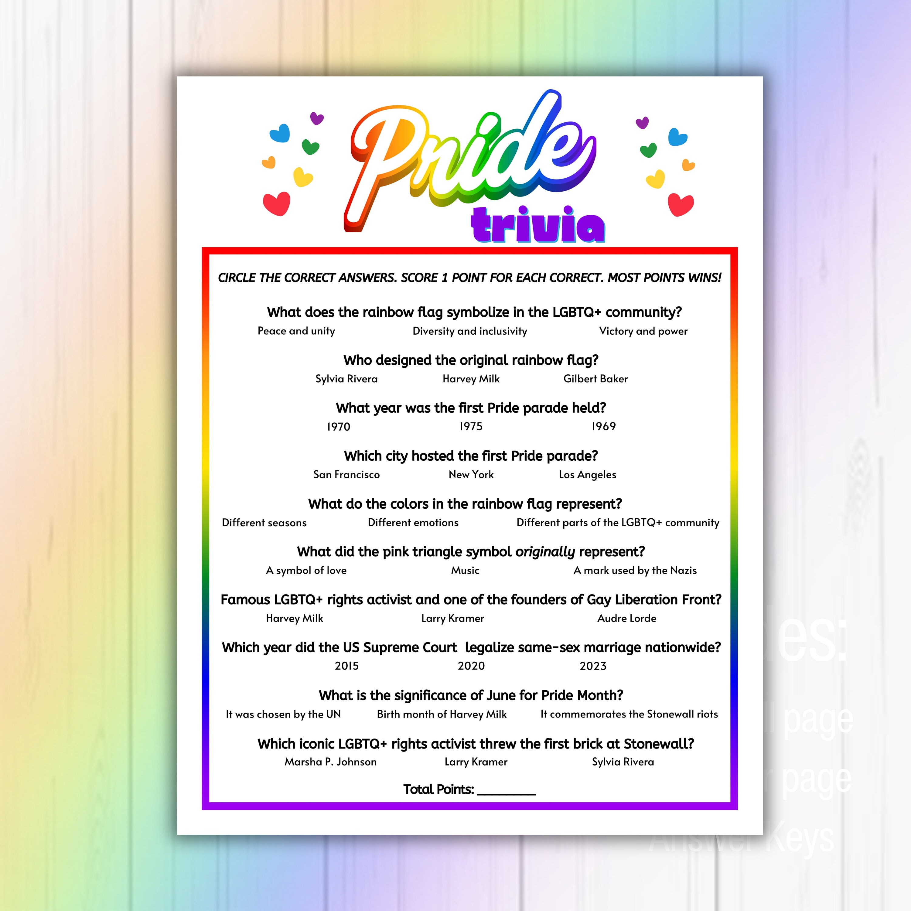 Pride Month Trivia | LGBTQ+ Pride Games | Pride Month Quiz Printable ...