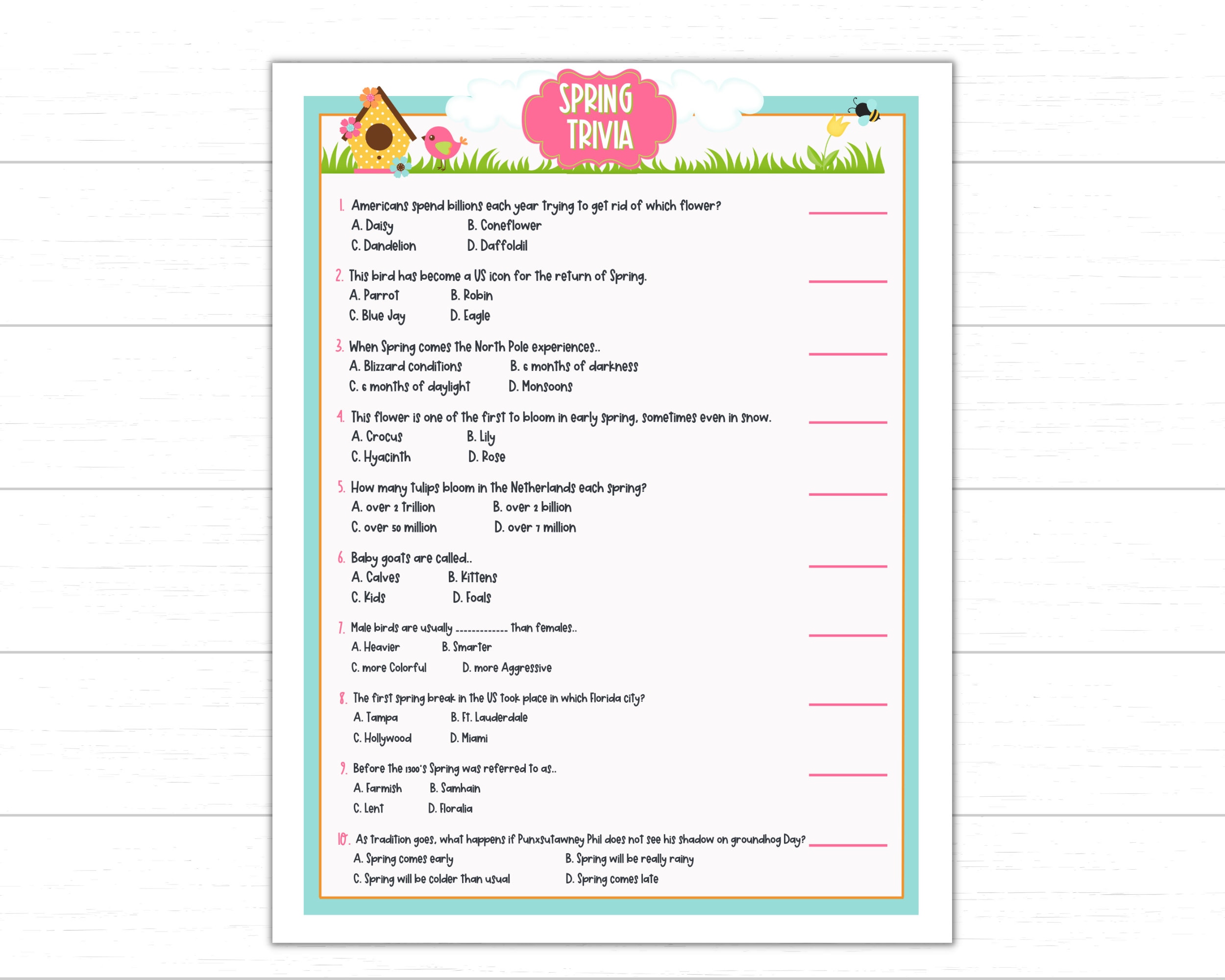 Spring Trivia Games | Printable Spring Activity | Kids Spring Trivia ...