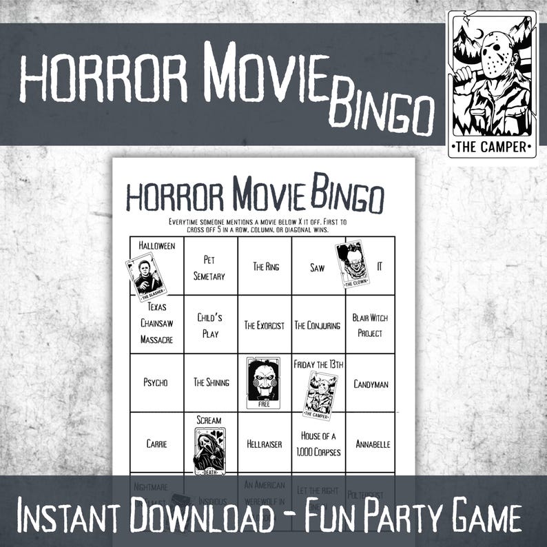 Horror Movie Bingo, Printable Halloween Bingo Game, Friday the 13th ...