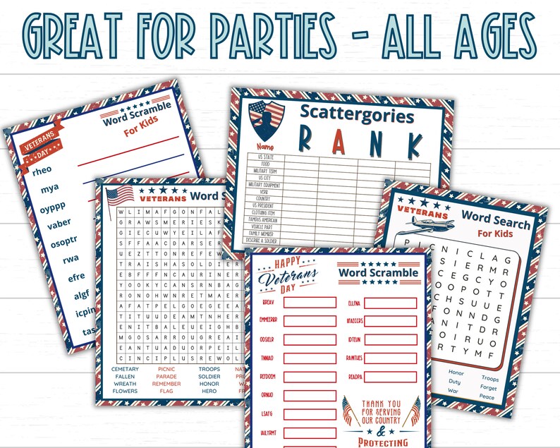 Veterans Day Games | Printable Veterans Day Activities| Party | Instant ...
