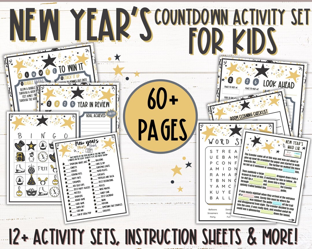 Kids New Year’s Countdown Games, 12 Hour to Midnight Activity Set ...