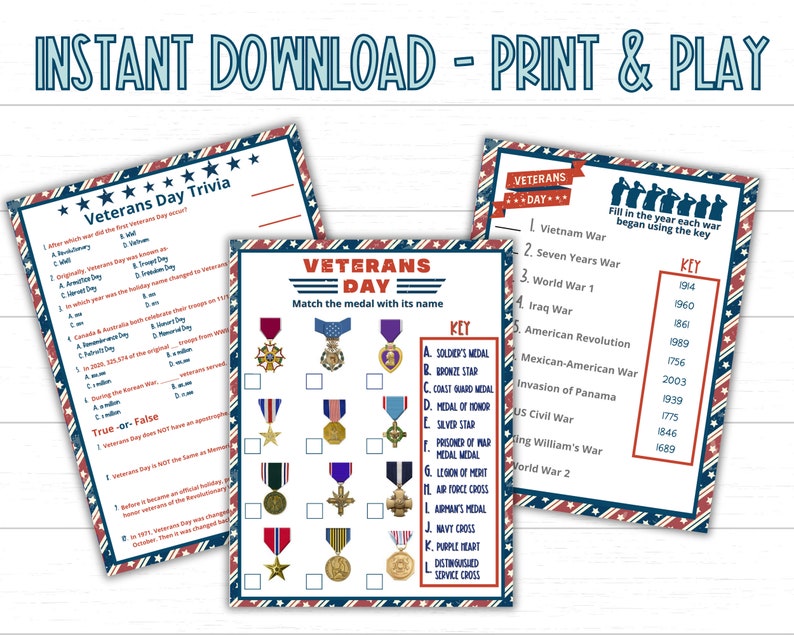 Veterans Day Games | Printable Veterans Day Activities| Party | Instant ...