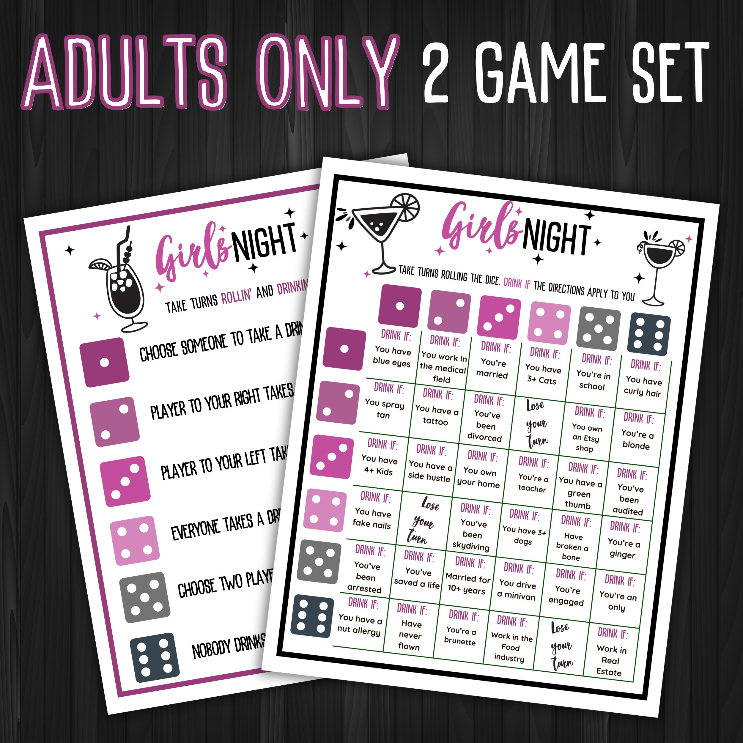 2 Girls Night Dice Games | Drinking Games | Girls Night Out | Girls ...