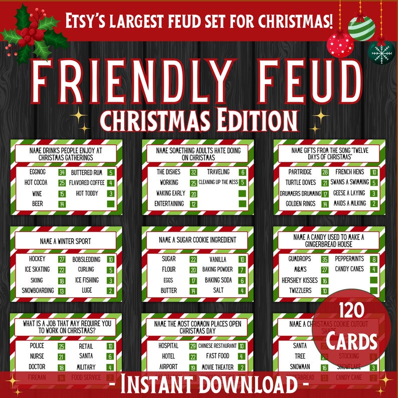 Christmas Family Feud Game 120 Cards | Christmas Party Game for Adults ...