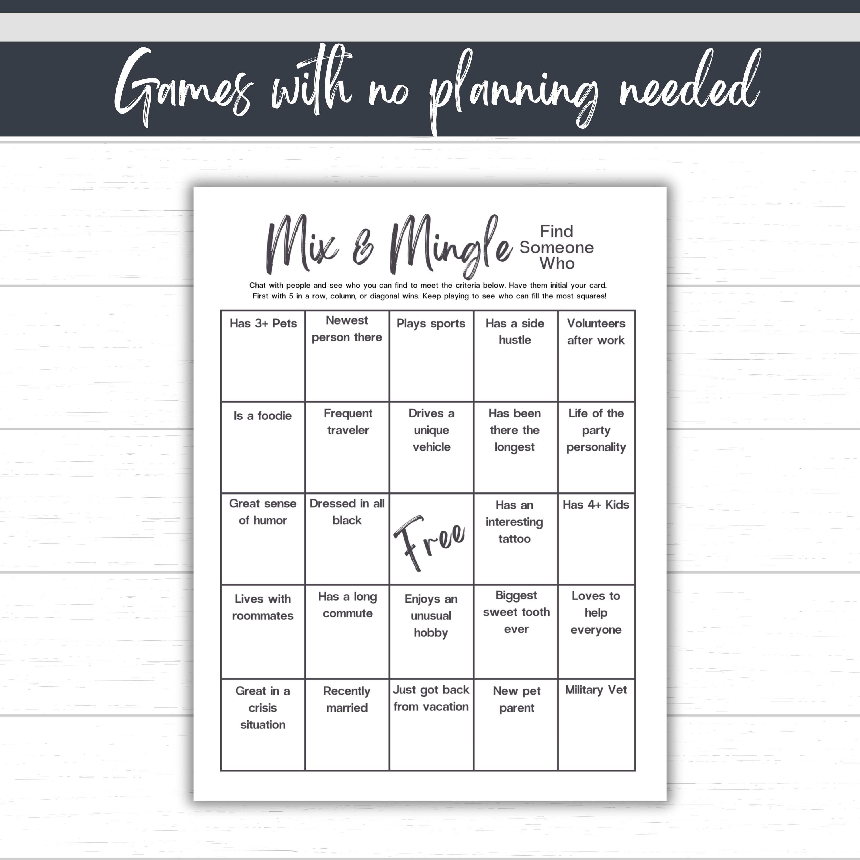 Mingle Bingo | Mix and Mingle | Office Bingo | Coworker Bingo | 2 ...