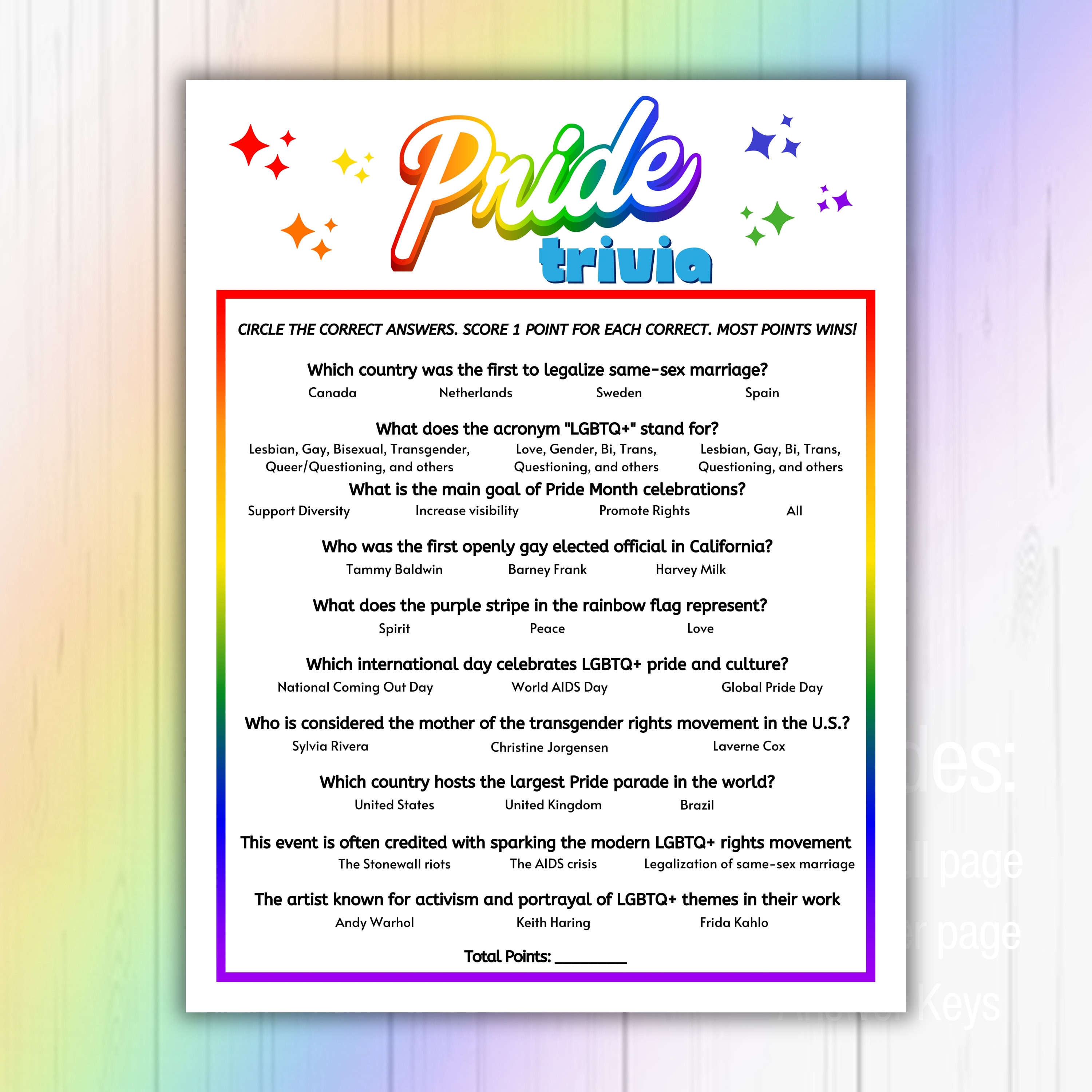 Pride Month Trivia | LGBTQ+ Pride Games | Pride Month Quiz Printable | Rainbow Party Adult Games ...