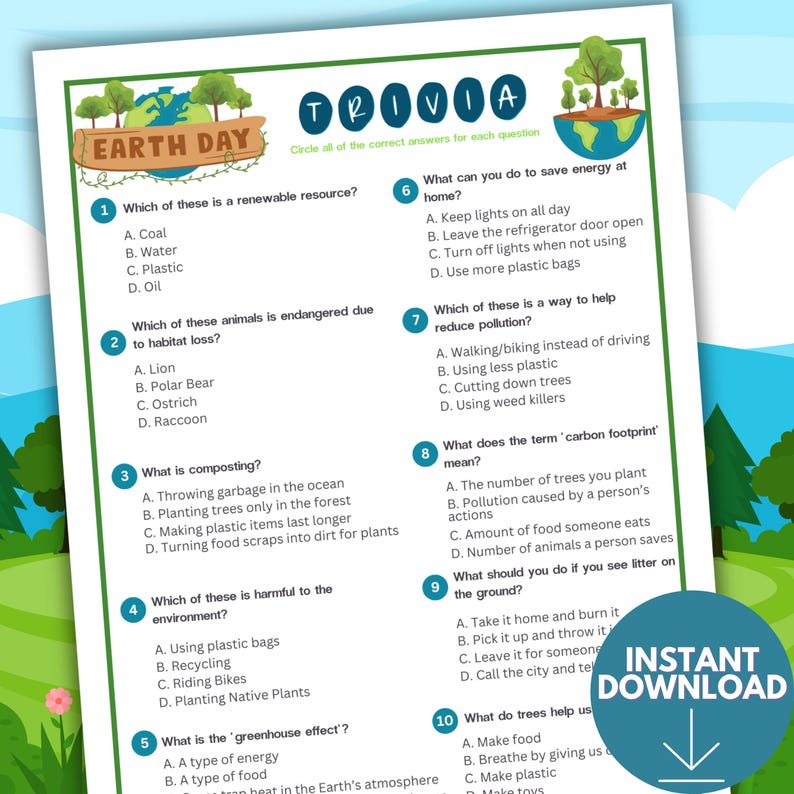 Earth Day Printable Activity | Earth Day Trivia | 2 Earth Day Printable ...