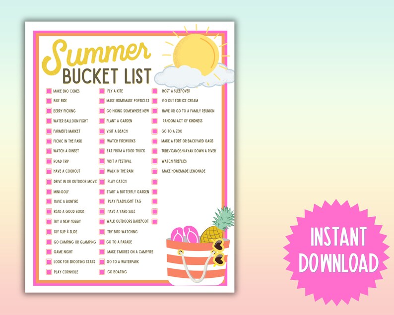 Summer Bucket List Printable Summer Activity Printable Summertime Game ...