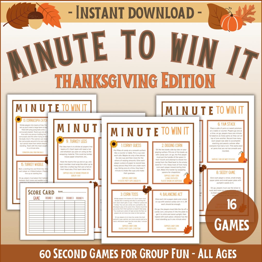 Thanksgiving Party Games, Minute to Win It Games, 60 Second Games, 16 ...
