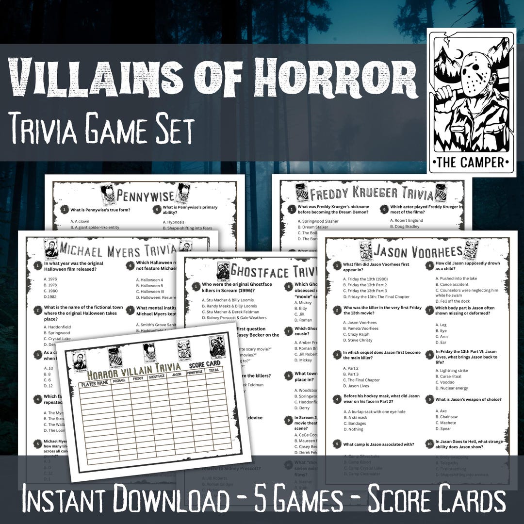 Printable Horror Movie Trivia Game Set, Jason Vorhees, Michael Myers ...
