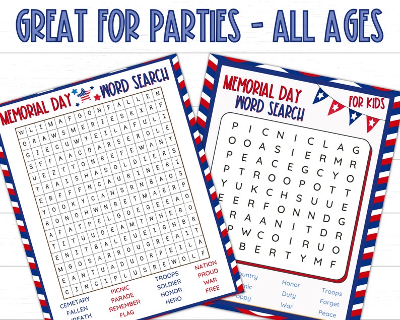 Memorial Day Word Search | Printable Memorial Day Game | Party Games ...