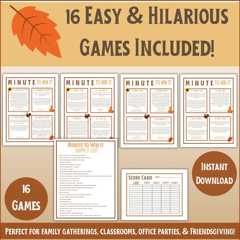 Thanksgiving Party Games, Minute to Win It Games, 60 Second Games, 16 ...