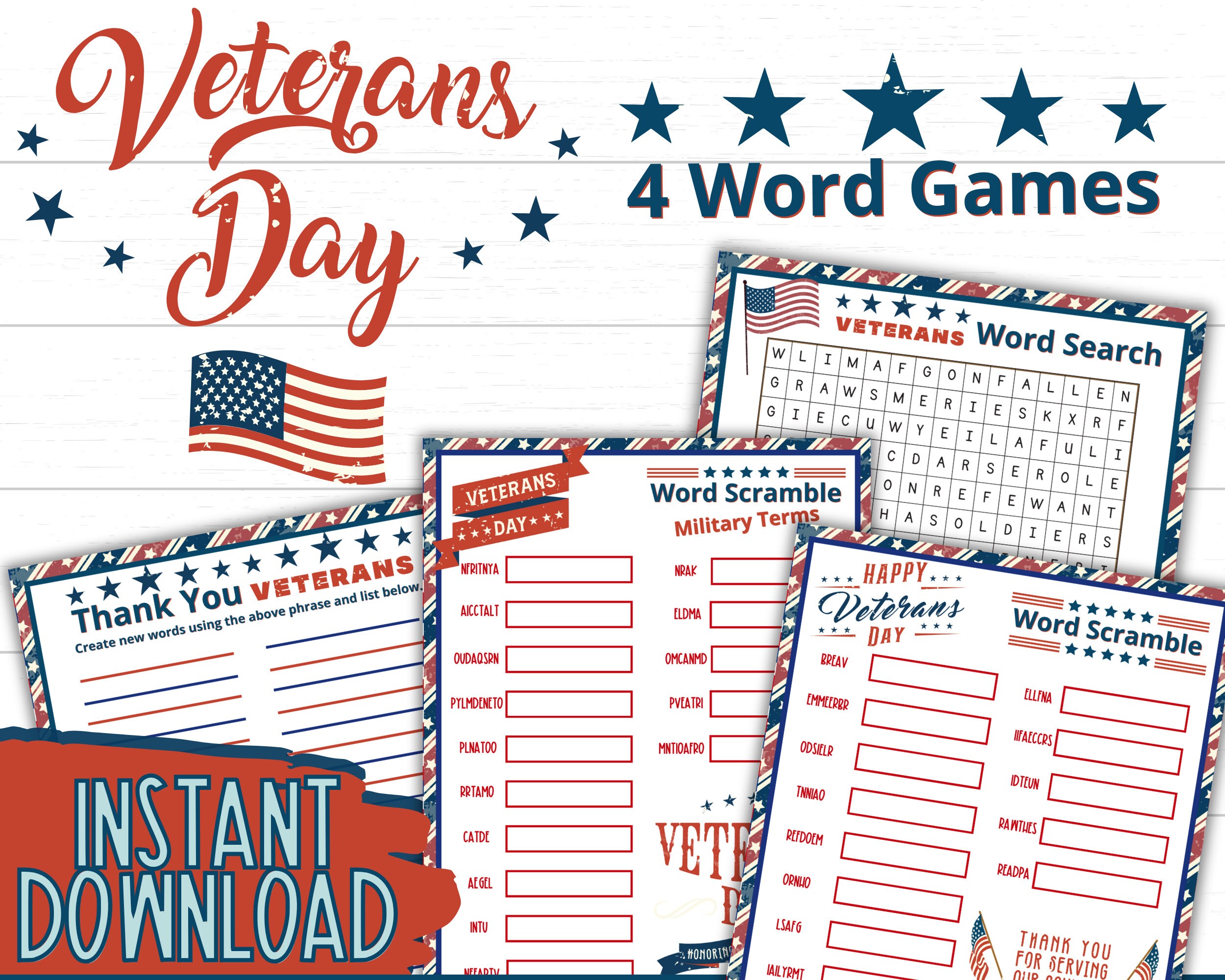 Veterans Day Word Games | Printable Veterans Day | Military | Instant ...